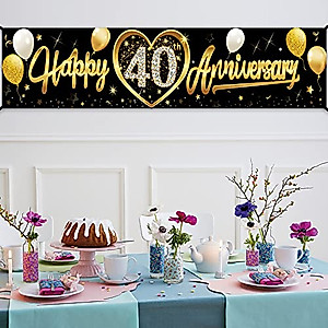 Kauayurk Happy 40th Wedding Anniversary Banner Decorations, Black Gold 40th Anniversary Sign Party Supplies, 40th Wedding Anniversary Decor Photo Booth for Outdoor Indoor