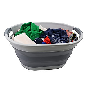 SAMMART 28L (7.4 gallon) Oval Collapsible Plastic Laundry Basket - Foldable Pop Up Storage Container/Organizer - Portable Washing Tub - Space Saving Hamper/Basket (1, Grey)