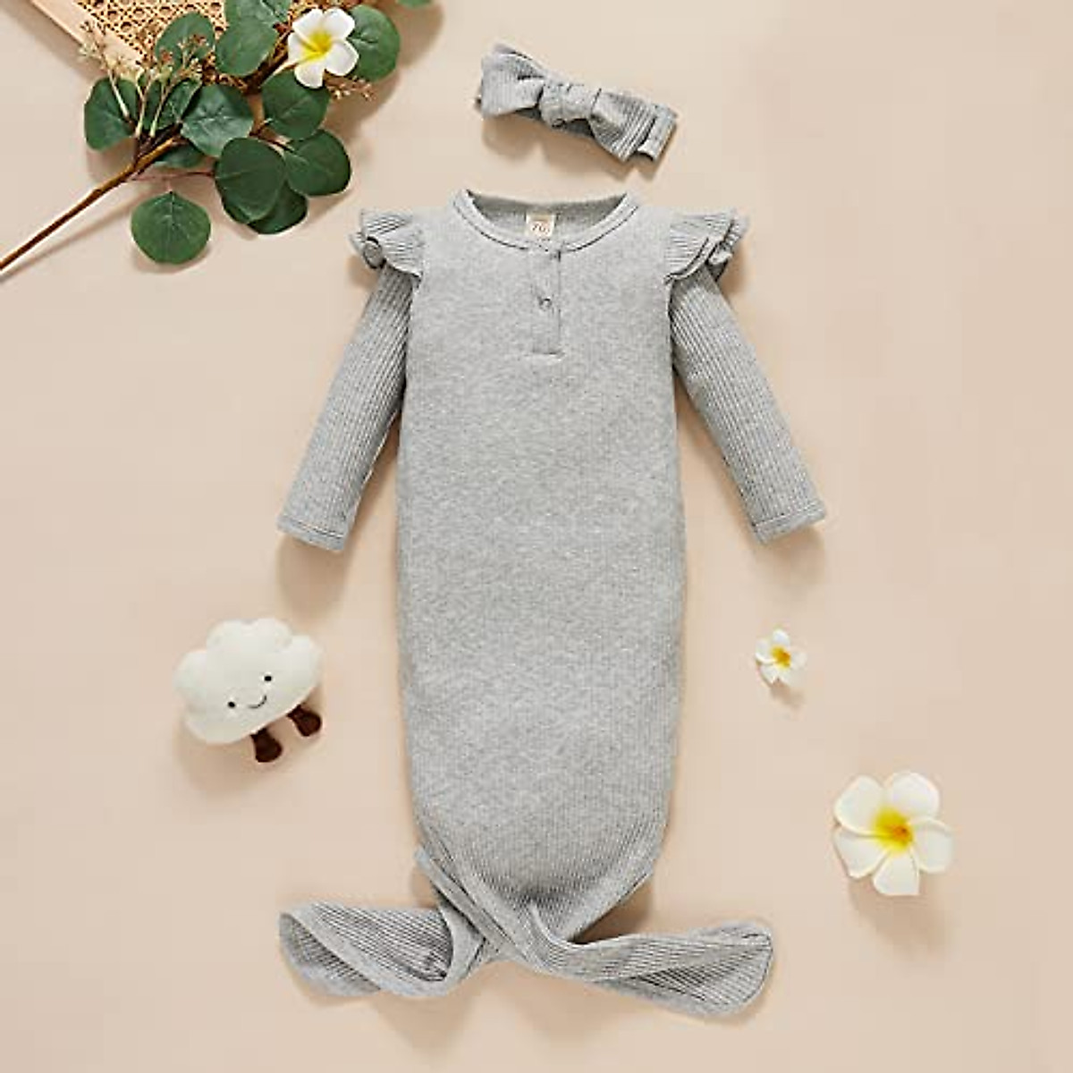 Twopumpkin Baby Girl Boy Coming Home Knotted Gown Unisex Newborn Infant Sleep Onesie Outfit Cute Baby Winter Pajamas (E Ruffle Ribbed Gray, 0-3 Months)