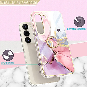 Asuwish Phone Case for Samsung Galaxy S23 5G with Screen Protector and Ring Holder Marble Shockproof Silicone Protective Rugged Slim Cell Cover S 23 23S GS23 G5 SM-S911U 6.1 inch Women Girls Purple