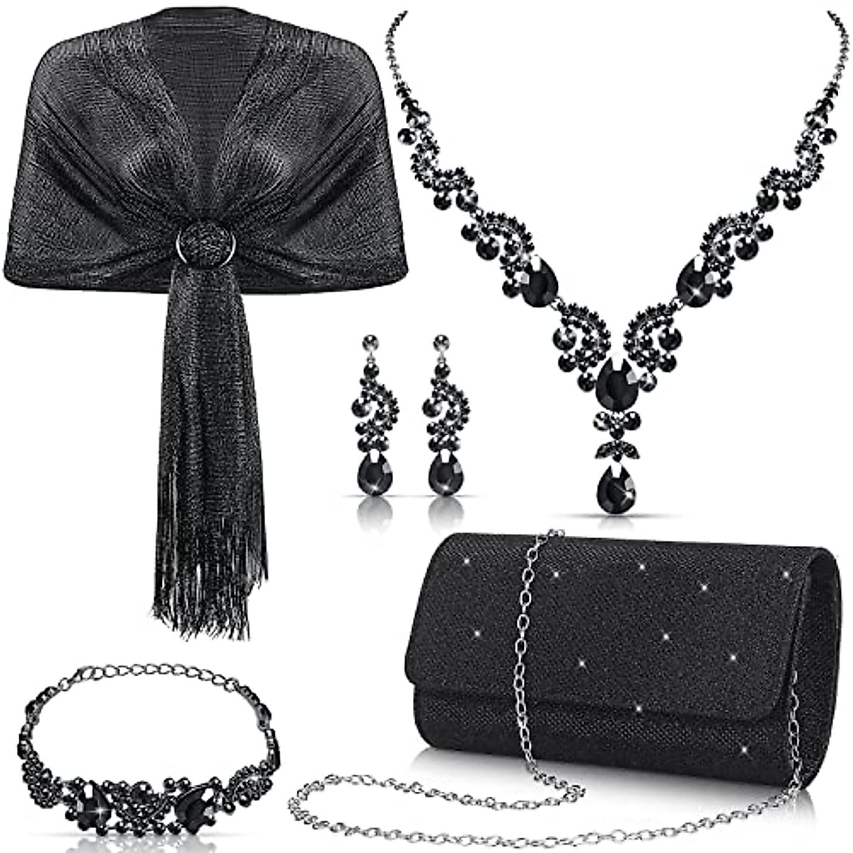 Tiamon 5 Pcs Rhinestone Jewelry Sets Silver Shawls and Wraps Formal Clutch Purses for Women Evening Dresses Bridal Weddings (Black, Glitter)