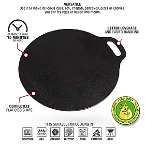 Victoria 15-Inch Cast Iron Tawa Dosa Pan, Pizza Pan with a Loop Handle, Crepe Pan Preseasoned with Flaxseed Oil, Made in Colombia