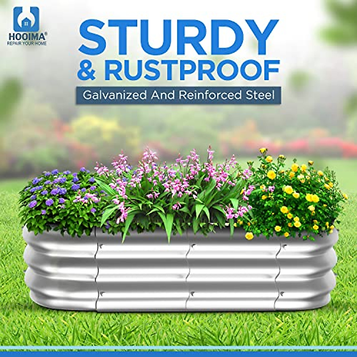 HOOIMA Raised Garden Bed - Rust Proof Galvanized, Reinforced Steel Bottomless Planter for Growing Flowers & Veggies - Adjustable Size to 4ft. Long and 2.1ft. Wide Plus You Get a LED Solar Lamp Light