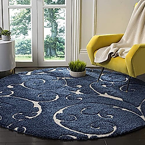 SAFAVIEH Florida Shag Collection Area Rug - 6'7" Round, Creme & Creme, Scroll Design, Non-Shedding & Easy Care, 1.2-inch Thick Ideal for High Traffic Areas in Living Room, Bedroom (SG455-1111)