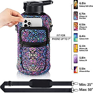 Fimibuke 64 OZ Water Bottle with Handle & Straw, Leakproof Motivational Sports Gym Water Bottle with Time Marker, BPA Free, Neoprene Holder, Leopard