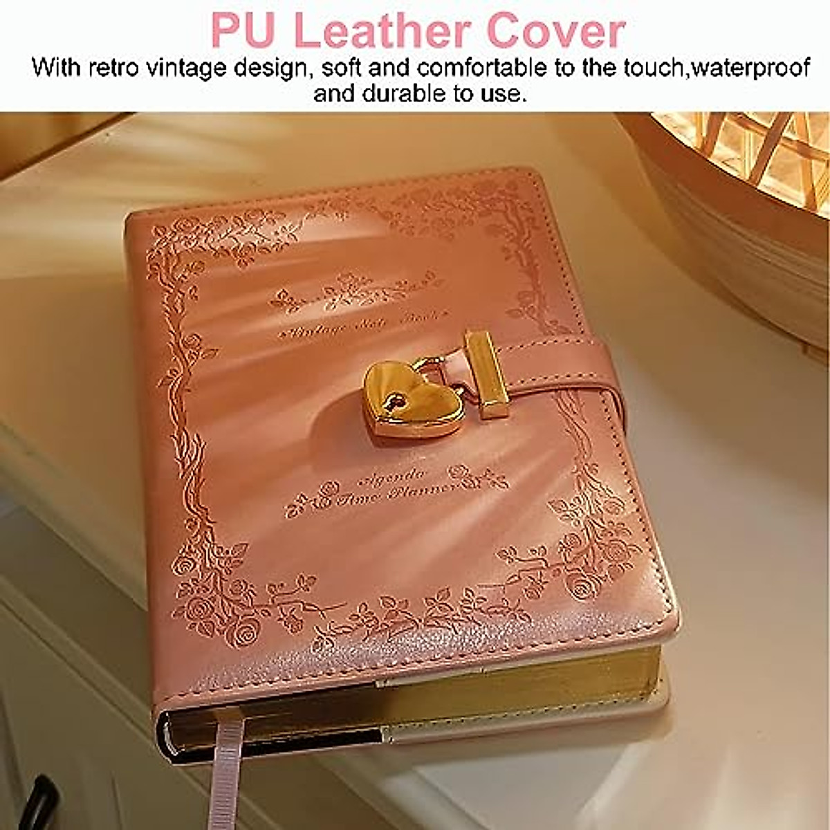 AtoZ Create Diary with Lock and Keys for Teen Girls 360 Pages Leather Heart Shaped Locking Journal (B6(7"*5"),Pink)