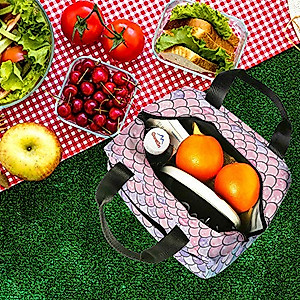 Lunch Bag, Cute Kids Reusable Cooler Lunch Tote Bag Insulated Leakproof Lunch Box Container with Front Pocket for Girls Boys School Work Picnic (Pink Meraid Scale)