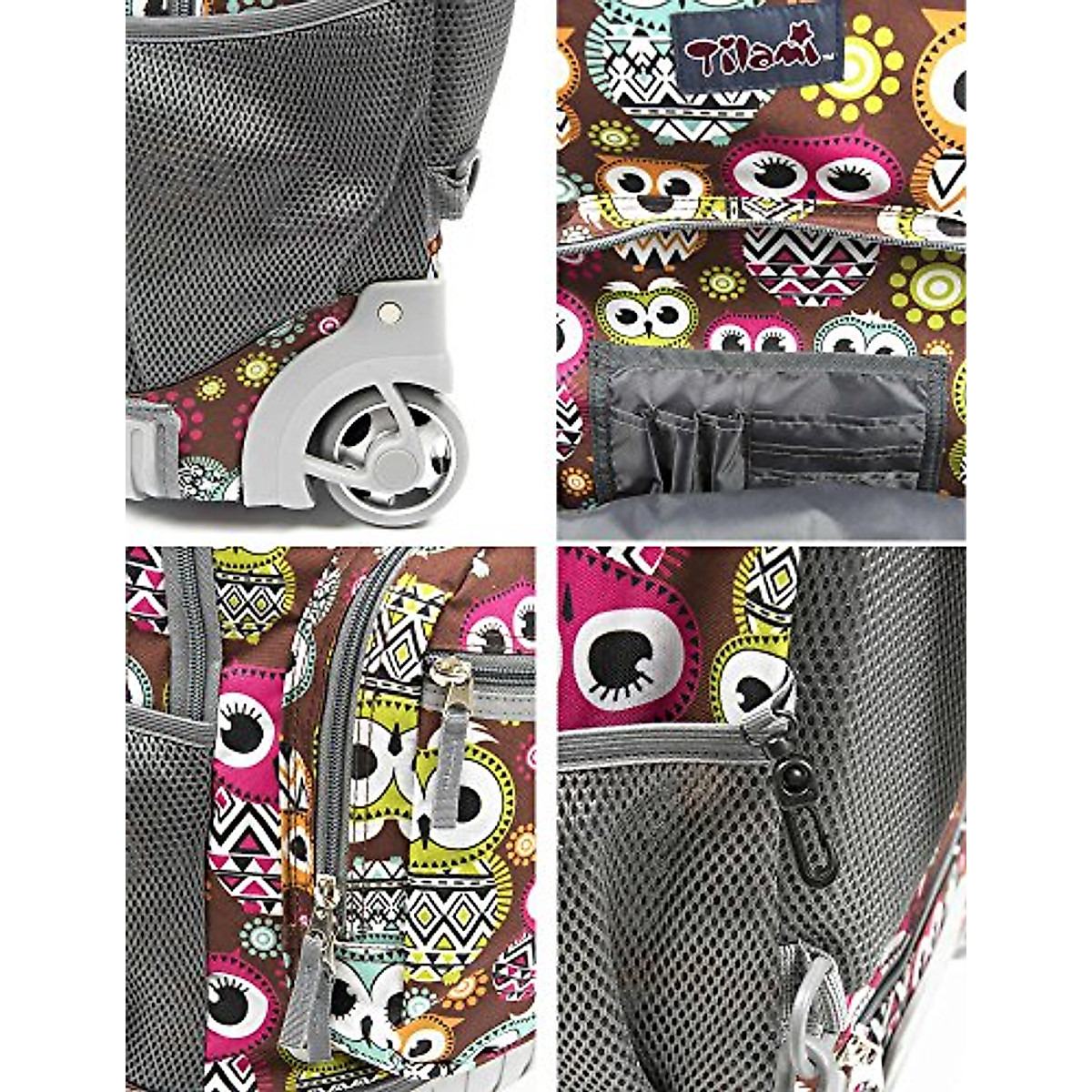 Tilami Kids Rolling Backpack 18 inch Boys and Girls Laptop Backpack, Owls