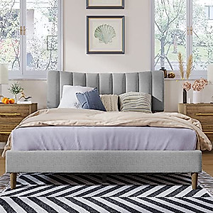 Prohon Upholstered Platform Bed, Queen Size Bed Frame and Headboard, Vertical Channel Tufted Bed, Bedframe for Kids/Teen/Adults, No Box Spring Needed,Wooden Slats Support, Gray
