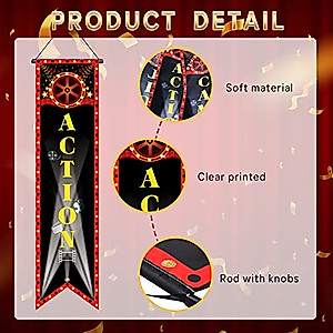 3Pcs Movie Night Porch Sign Banner Movie Theme Party Decorations Movie Theater Welcome Now Showing Lights Camera Action Hanging Porch Sign for Home Film Backdrop Party Supplies