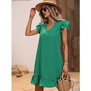 SOLY HUX Summer Dresses for Women V Neck Cap Sleeve Ruffle Hem Smock Short Dress Solid Green M