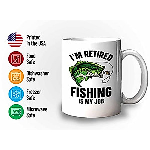 Fisher Coffee Mug 11oz White - i'm retired fishing is my job - Bass Fishing Spooler Boat Lovers Lures Rod Funny Fisherman Joke Retirement Grandpa