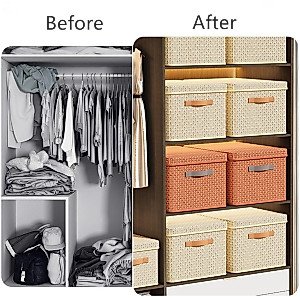 COAINNER Stackable Fabric Cube Storage Bins with Lids, 17-Inch Non-Woven Shelf Organizer Closet Storage Box for Clothes, Sweater, Blanket (Beige, Large)