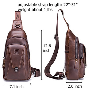 BULLCAPTAIN Genuine Leather Men Sling Crossbody Bag Backpack Outdoor Hiking Travel Chest Bag Daypack (Brown)