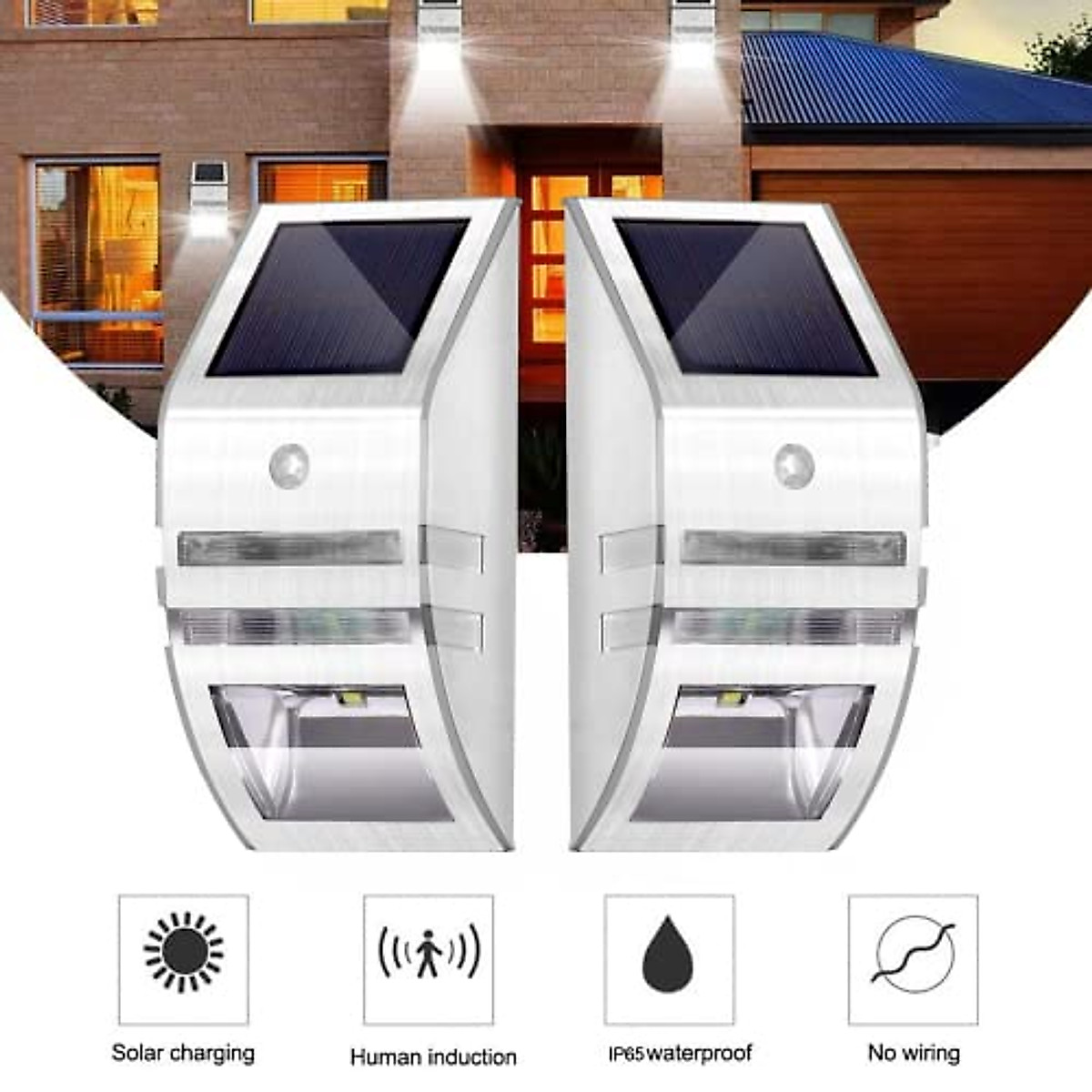 NEWNEN 4 Pack Fence Solar Lights, Stainless Steel Metal Solar Deck Lights Fence Lights, Motion Sensor Solar Outdoor Lights Waterproof for Fence Deck Yard Patio Garage Garden, Cool White