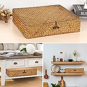 Hipiwe Flat Woven Wicker Basket Bins with Lid X-Large Natural Seagrass Storage Basket Box Multipurpose Household Basket Bins Boxes for Shelf Wardrobe Organizer, Caramel