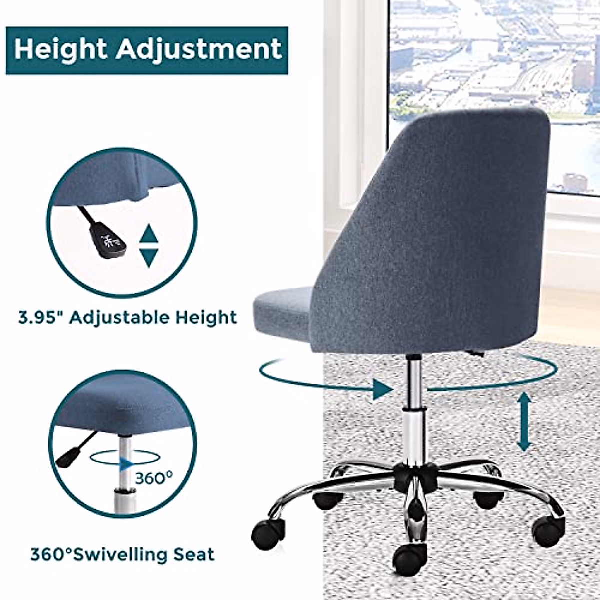 SMUG Home Office Desk Chair, Office Chairs Desk Chair Rolling Task Chair Computer Chair Adjustable with Wheels Armless for Bedroom, Vanity Chair for Makeup Room, Living Room Blue