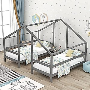 Double Twin Size Platform Beds with Built-in Table,Wood House Twin Beds Frames with Canopy Triangular Roof for Kids Teens Adults,Wood Slats Support/No Box Spring Needed,Gray