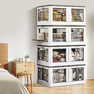 Ocforiya 4 Pack Stackable Storage Bins 22.45 Gal, Foldable storage boxes with doors, Foldable Storage Box with lid, Collapsible Stackable Storage Bins, Dorm Storage with anti-insect box, for Bedroom