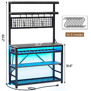 Itaar Bakers Rack with Power Outlet, 6-Tier Coffee Bar, Microwave Stand with Wine Rack, LED Lights and 10 Hooks, Bakers Racks for Kitchens with Storage, Grey