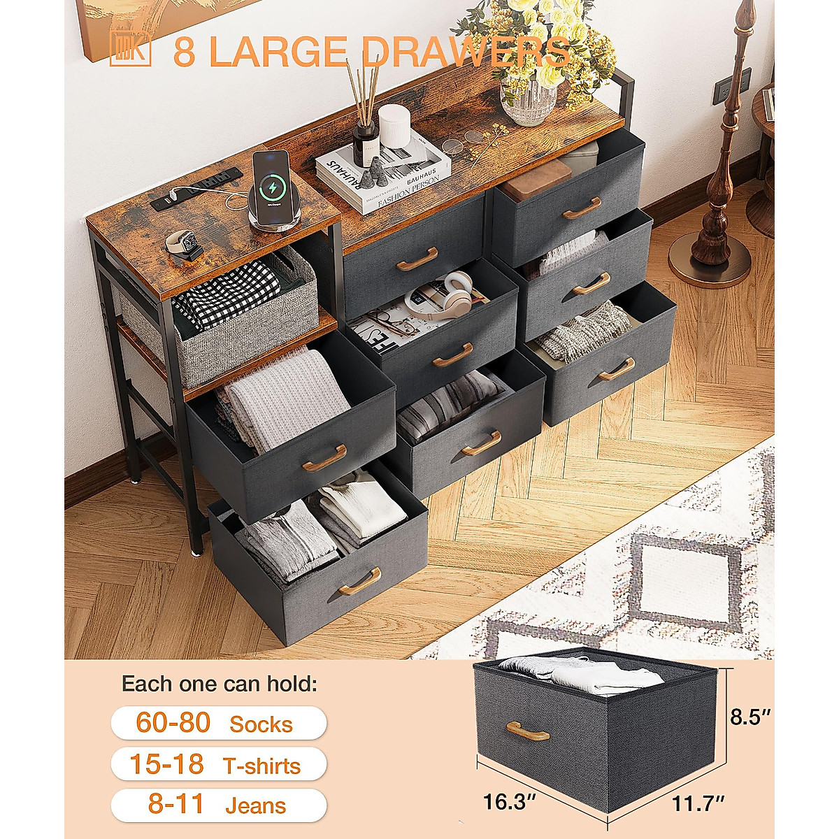 ODK Dresser with Charging Station, 52-Inch Long Dresser for Bedroom with 8 Storage Drawers, Fabric Dressers Chests of Drawers with Sturdy Steel Frame and Wooden Top, Vintage and Dark Grey