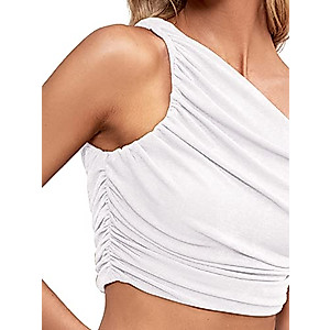 LYANER Women's Sexy Ruched One Shoulder Sleeveless Crop Top Strappy Cami Tank White Medium