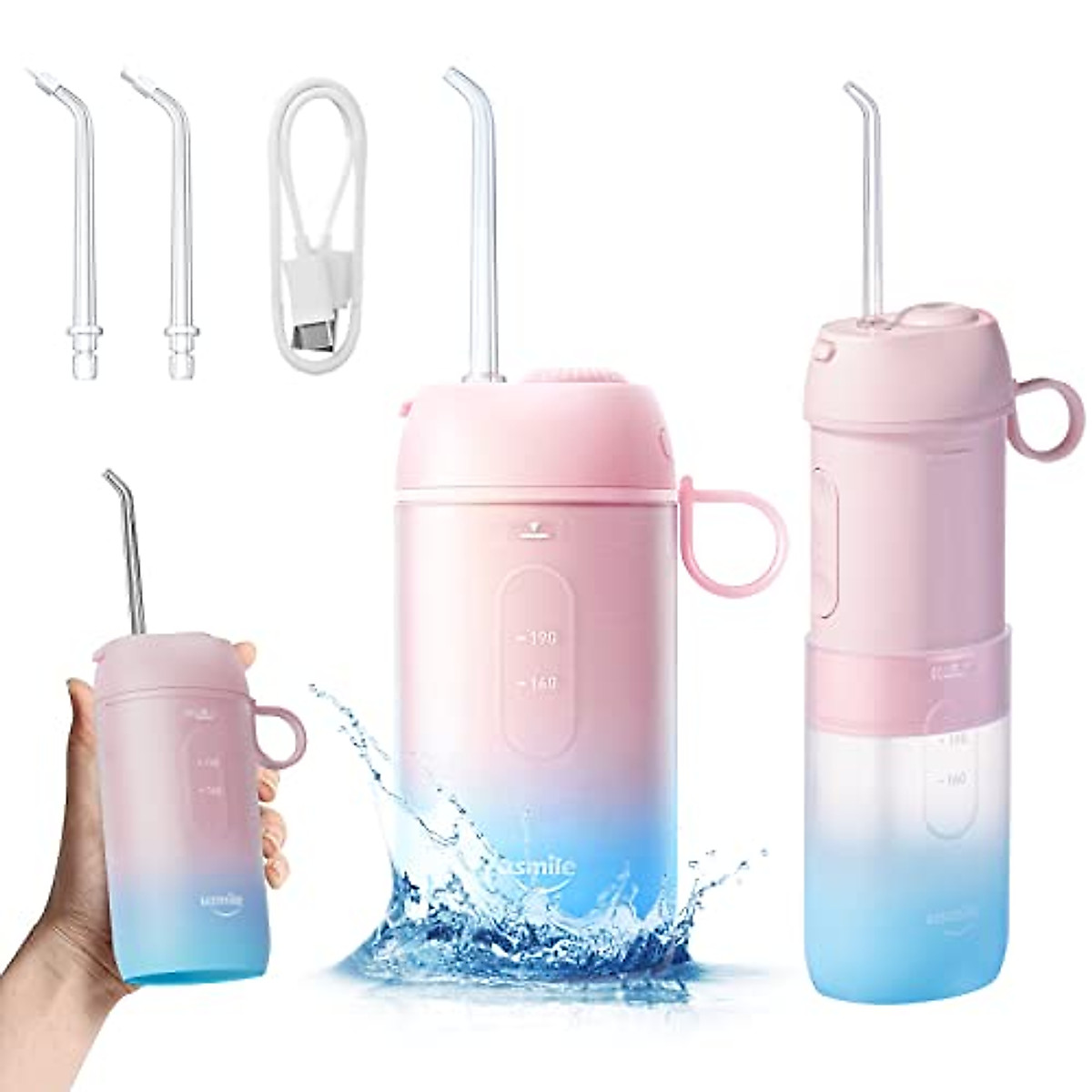 usmile Water Flosser, USB Rechargeable Portable Water Flosser for Teeth Cleaning, Water Dental Flosser Cordless with Detachable Water Tank for Home & Travel, C1 Pink