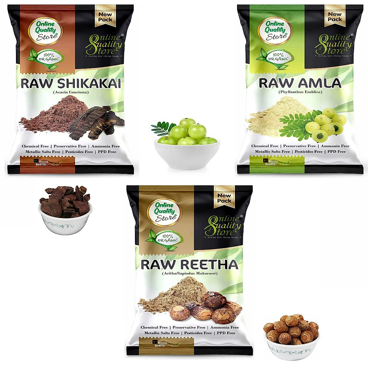 Online Quality Store Reetha Amla Shikakai (Raw Form) Combo Pack, 300 g (Pack of 3)