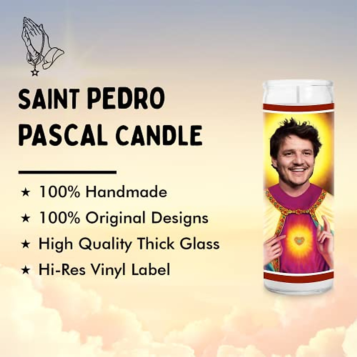 Pedro Pascal Celebrity Prayer Candle - Pablo Funny Saint Candles - Narco Votive Candle - 100% Handmade in US - Funny Celeb Novelty Last TV Show Movie Gift