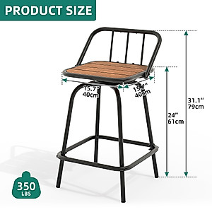YITAHOME 24 Inches Swivel Bar Stools Set of 2, Counter Height Barstools Platic Wooden Seat with Backrests and Footrest, Industrial Metal Bar Stools for Outdoor Patio Home Kitchen
