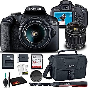 Canon EOS 2000D DSLR Camera with 18-55mm Lens + EOS Bag + Sandisk Ultra 64GB Card + Cleaning Set and More (International Model) (Renewed)