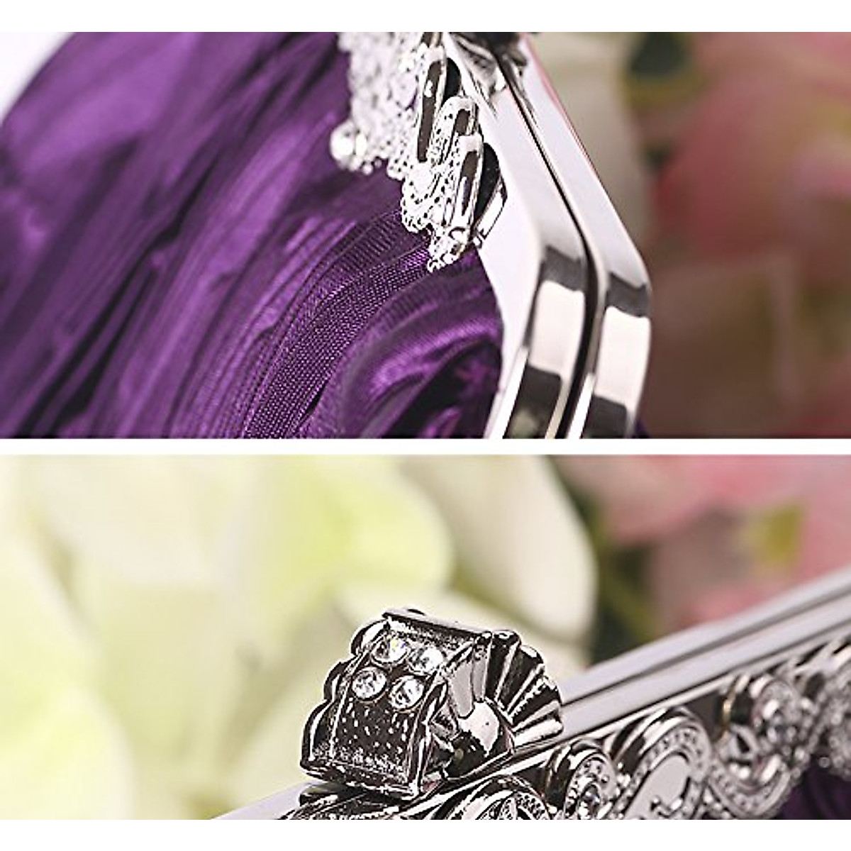 QZUnique Women's Vintage Satin Clutch Purse Pleated Crystal Evening Handbag Shoulder Bag Purple