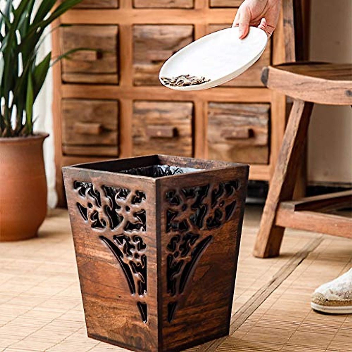 Liex- Waste Paper Basket Kitchen Trash Can, Multi-Functional Teak with Card Strip (Retro Waste Bin Flower Bucket Storage Box), Suitable for Bedroom Hotel (Size: 15 × 20 × 24cm)