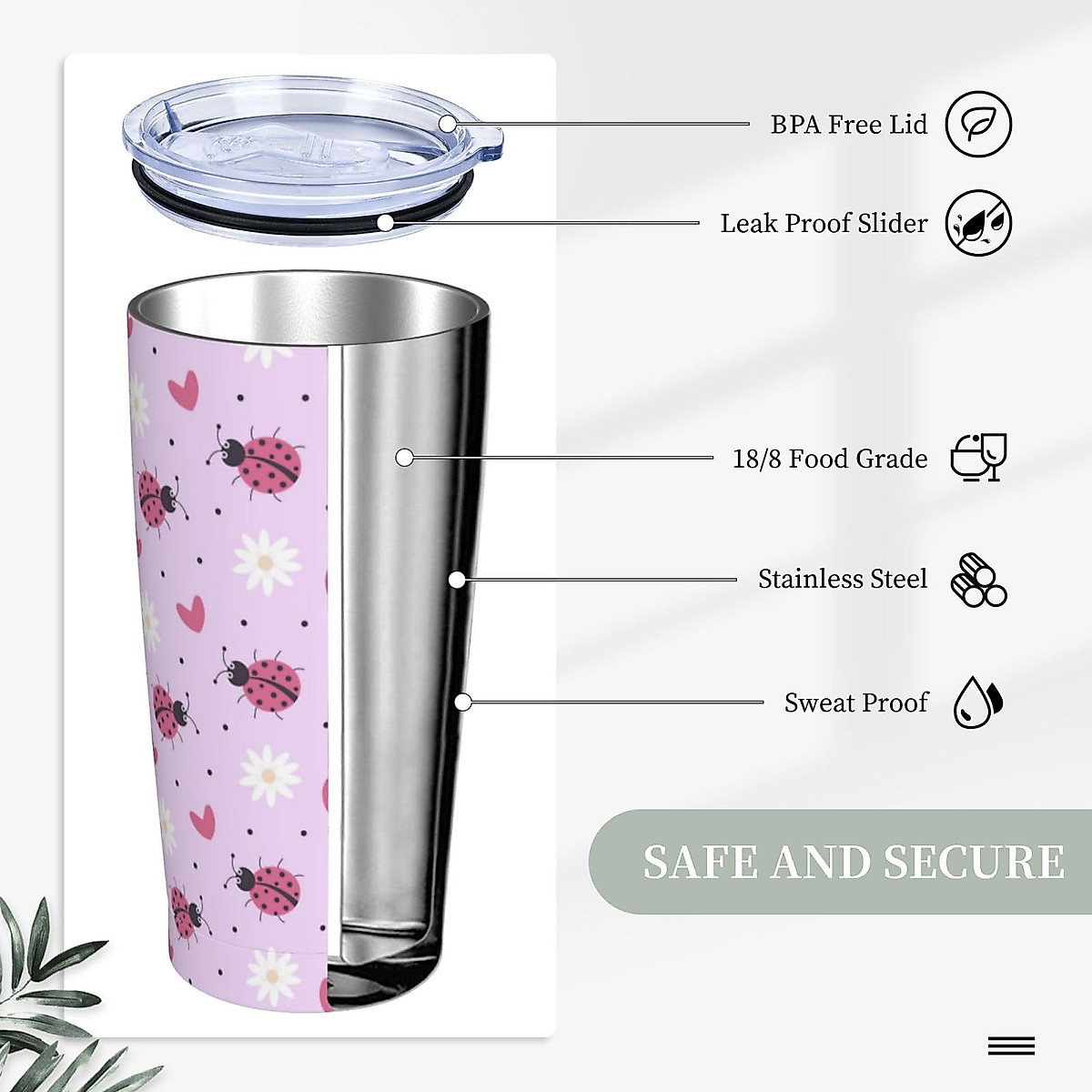 JASROTAO Daisy Ladybug Tumbler,Ladybug 20oz Stainless Steel Insulated Travel Tumbler,Travel Coffee Mug with Lid and Straw Water Bottle Drink Tumbler Cups Gifts for Women Men Lovers
