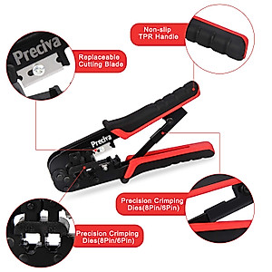 RJ45 Crimper Tool Kit, Preciva Cat5 Cat5e Ethernet Crimping Tool Set with One Network Cable Tester, 20PCS RJ45 Connectors, One Wire Stripper, 50PCS Cable Ties and Wire Punch Down Impact Tool