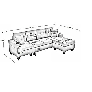 GINGVAT L Shaped Upholstered Sectional Sofa with Reversible Chaise and 2 Cupholders,Fabric Couch,Fashion Design,Black