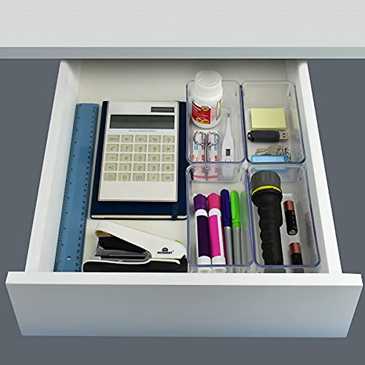 Acrimet Desk Drawer Organizer Box Tray Storage Bins Modular Divider for Home, Kitchen, Office and Storage (Clear Crystal Plastic) (4 Pack - 6.25" x 3.13" x 2.13")