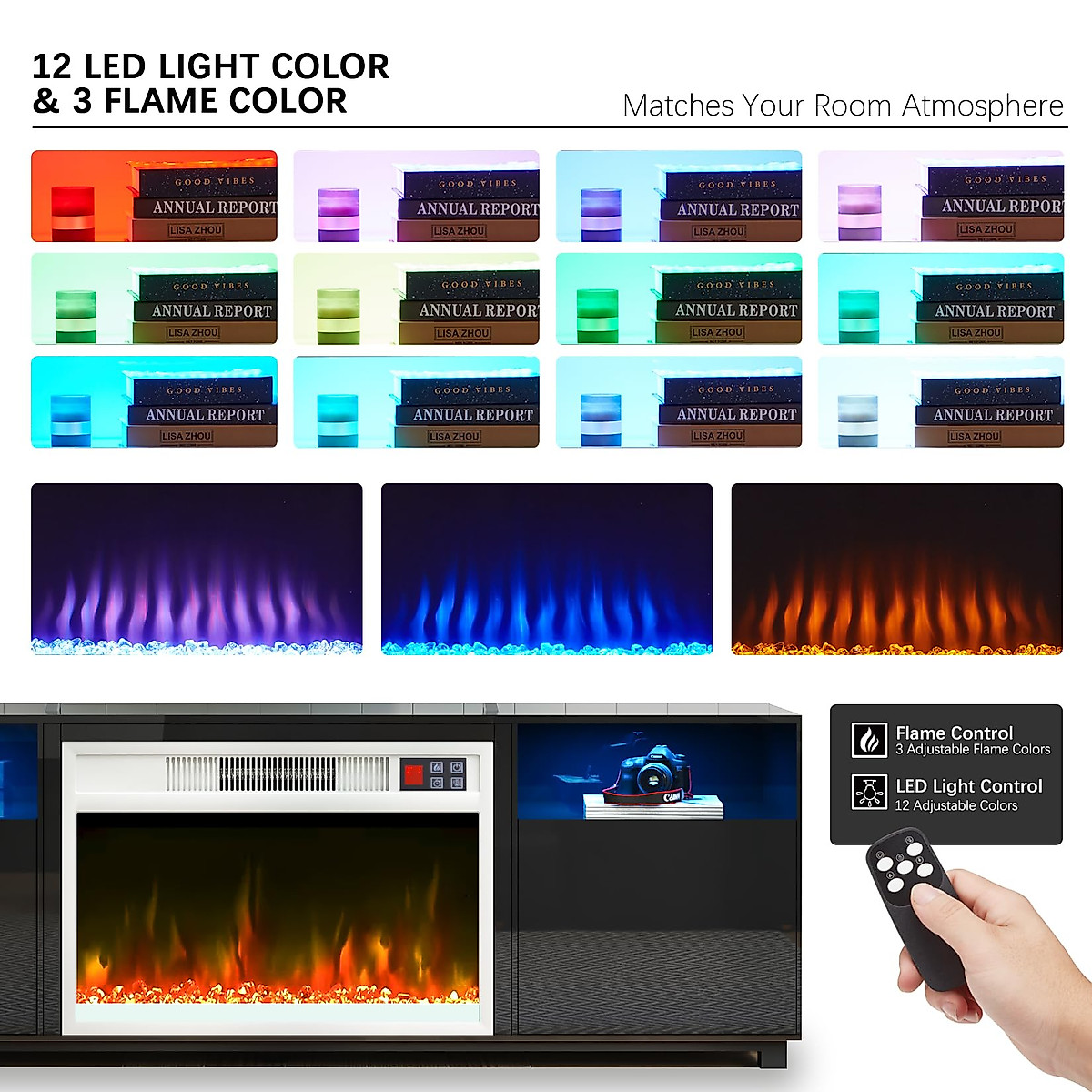 Avocahom Fireplace TV Stand for TVs up to 65”, LED Light Entertainment Center w/Black 23” Electric Fireplace, 2 Open Shelves & Storage Cabinet, Modern Wood Texture Console Table for Living Room, Black