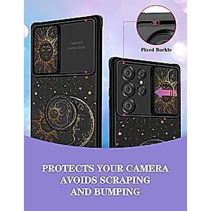 Goocrux (2in1 for Samsung Galaxy S22 Ultra Case Sun Moon Stars for Women Girls Cute Phone Cover Fashion Golden Star Print Pattern Design with Slide Camera Cover+Ring Holder Cases for S22 Ultra 6.8''