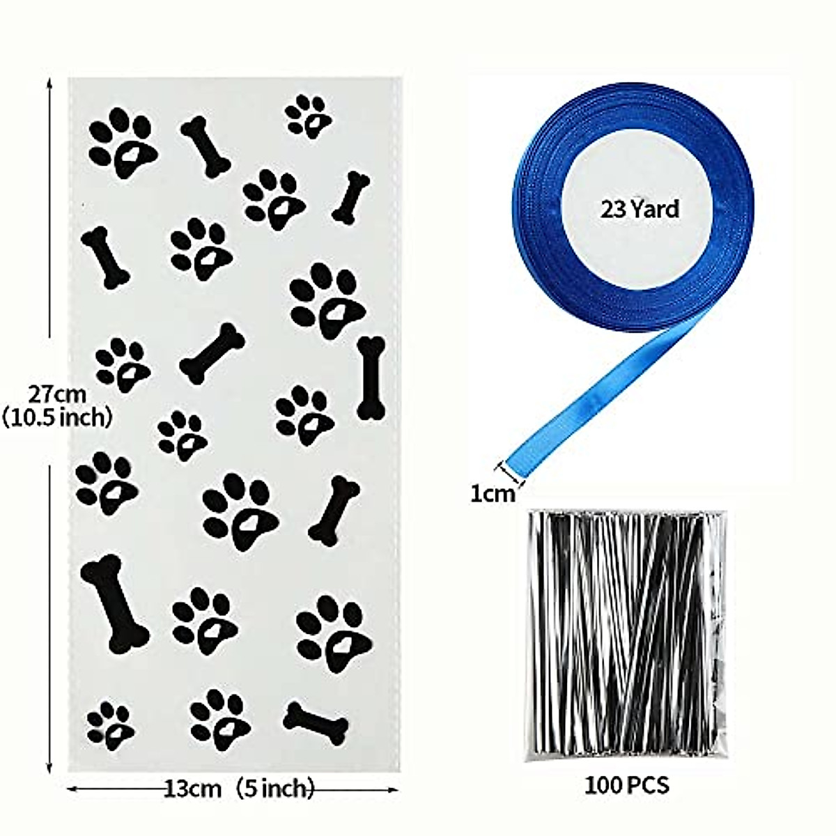 Mosoisy 100 Pack Paw Print Clear Plastic Cellophane Bags - Dog Paw Treat Bags 10.5X5" With Ribbon and Twist Ties Dog Gift Bags Candy Bags Cookie Bags Treat Bags with Ties and Ribbon Cellophane Treat Bags for Dog Party Favor and Supplies
