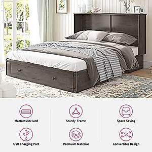 Mixoy Queen Size Murphy Cube Bed,Queen Murphy Cube Cabinet Chest Bed with 3 Level Folding Memory Foam Mattress & USB Charging Station& Large Drawers (Grey,Poplar)