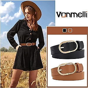 VONMELLI 2 Pack Women's Belts for Jeans Pants Fashion Gold Buckle Ladies Dress Belt Black Brown M