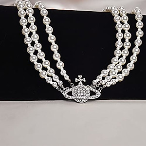 Saturn Pearl Necklace White Pearl Choker Necklace for Women Crystal Rhinestone Planet Necklace Gifts for Mum Wife Girlfriend Wedding Birthday Anniversary (silver, Zinc Alloy)