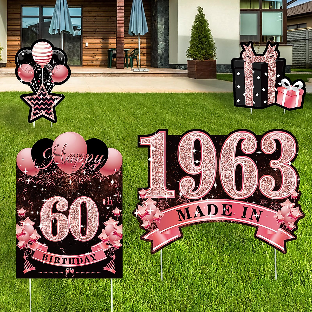 60th Birthday Signs Rose Gold Birthday Party Decorations - 4pcs Happy Birthday Yard Signs with Stakes for Women,60th Birthday Yard & Lawn Decorations,Made in 1963 Funny Bithday Backdrop Party Supplies