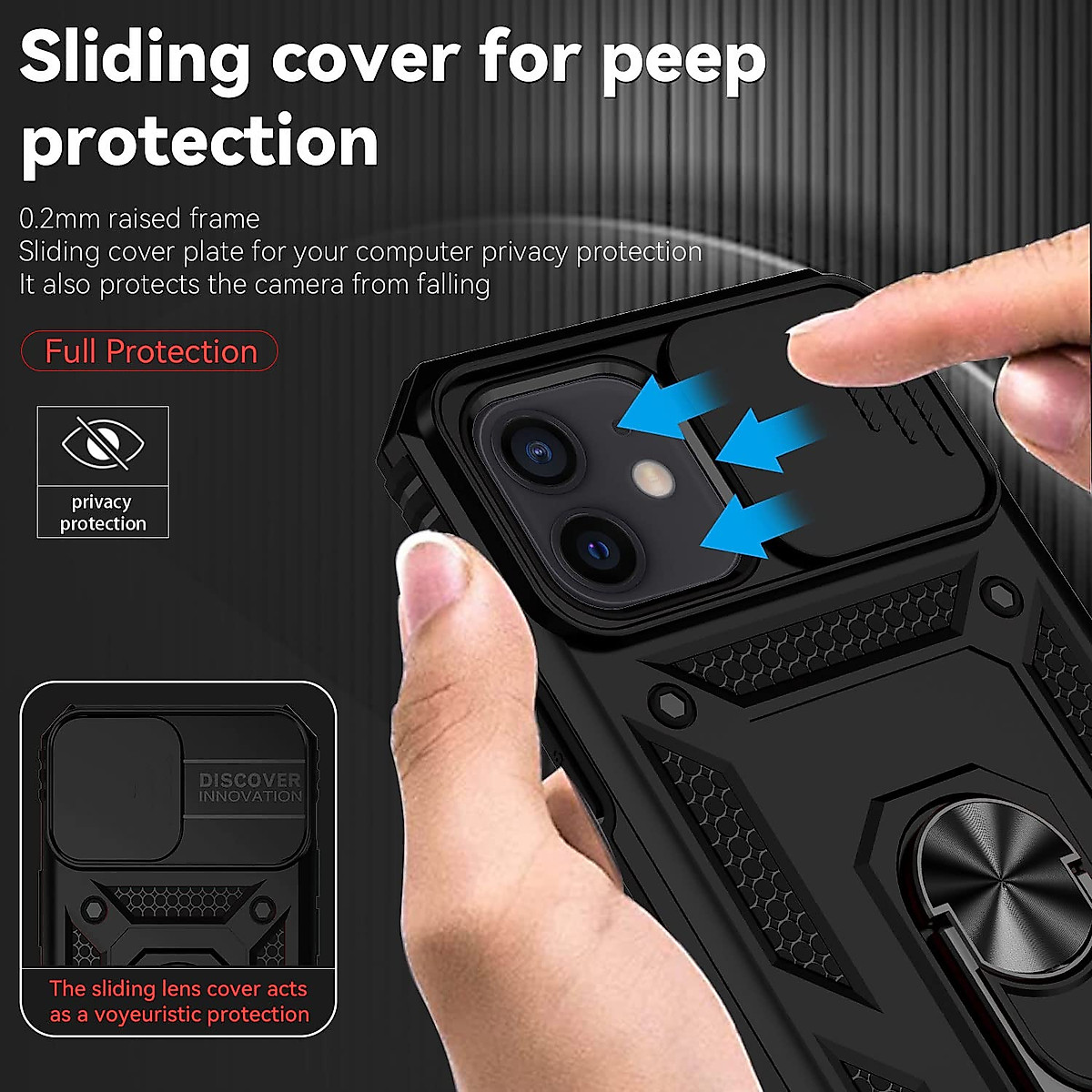 for iPhone 12 Mini Case with Camera Lens Cover HD Screen Protector, Dual Layer Military Grade Drop Protection Magnetic Ring Holder Kickstand Protective Phone Case for iPhone 12 Mini 5.4 inch (Black)