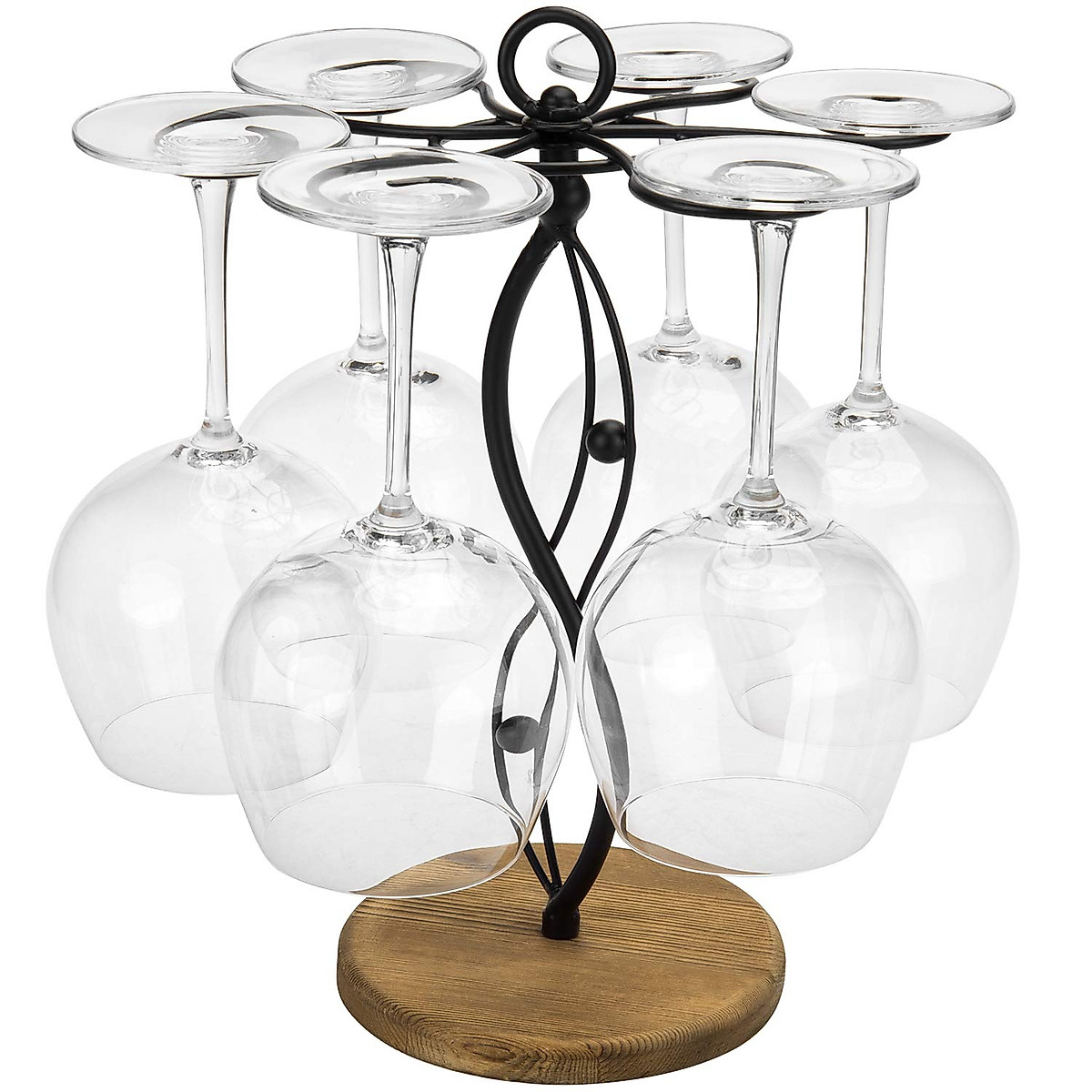 MyGift Black Metal Countertop Wine Glass Holder with 6 Hooks, Tabletop Stemware Display Rack with Burnt Wood Base - Holds 6 Wine Glasses