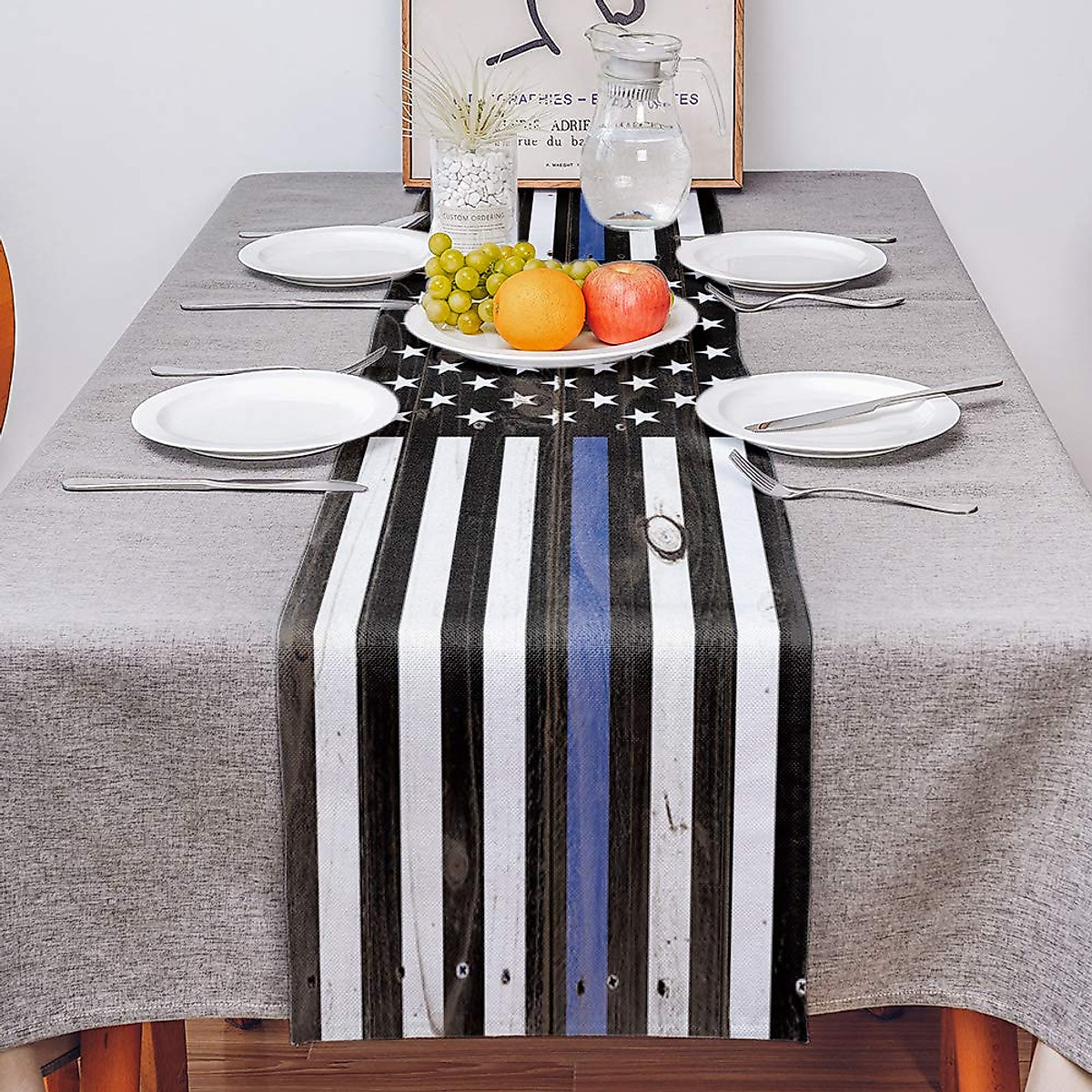 Thin Blue Line Rustic Table Runner-Cotton Linen-Long 90 inche Black American Police Flag Dresser Scarves,Tablerunner for Kitchen/Coffee/Dining,Gift for Law Enforcement,Home Décor Holiday Dinner Scarf