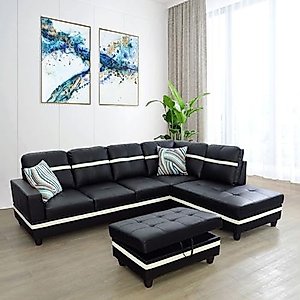 HOMVET PU L-Shaped Sofa Set with Right Chaise, Storage Ottoman,3 Piece Vegan Leather Sectional with 2 Toss Pillows,Square Arms,for Living Room/Apartment/Office,Black & White