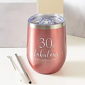Crisky Rose Gold 30 & Fabulous Wine Tumbler for Women 30th Birthday Gifts for Women, Wife, Mom, Sister, Aunt, Friends, Coworker Her, Vacuum Insulated Coffee Cup,12oz with Box, Lid, Straw