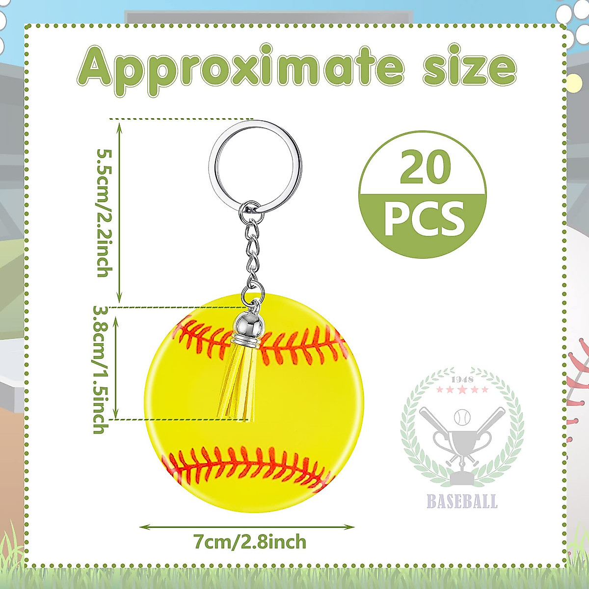 Taiyin 20 Pcs Softball Baseball Acrylic Keychain Blanks Acrylic Keychain with Tassel,Softball Party Gifts for Team(Softball)